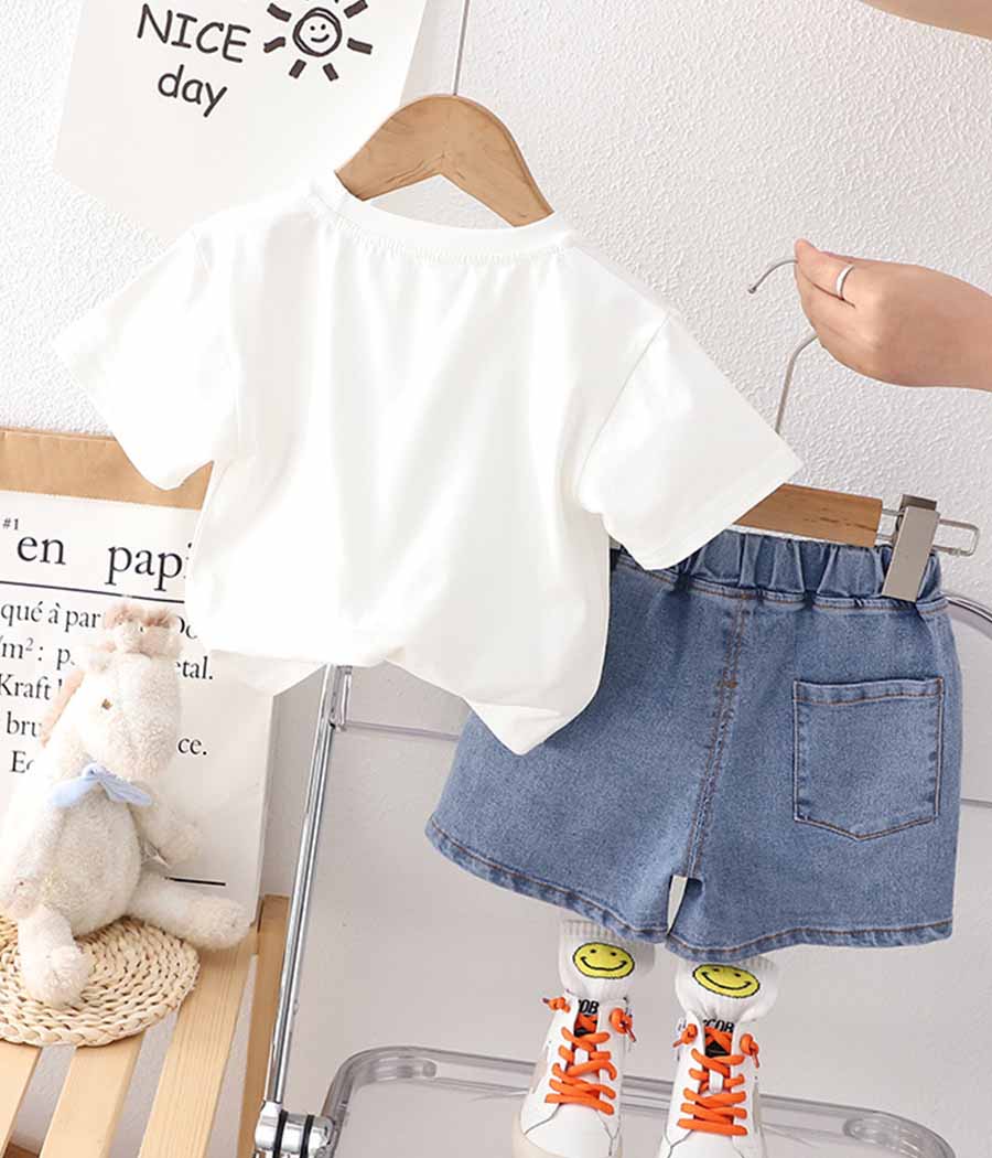 Short en jean et pull blanc imprimé dinosaure pour garçons – Mazyoud