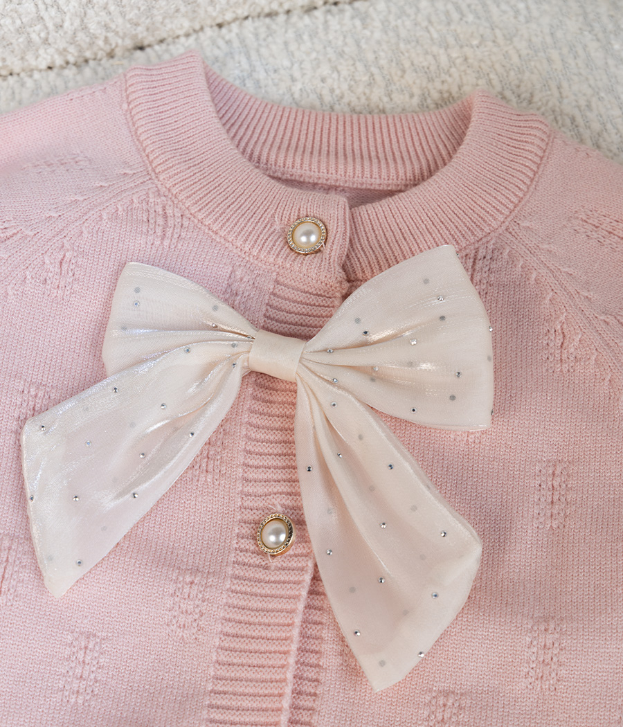Cardigan Rose avec Nœud Élégant – Tricot Doux pour Fille – Mazyoud